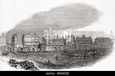 Old London Bridge, London, England before the Great Fire of 1666 Stock ...