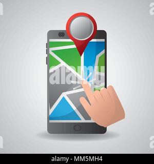 gps navigation application hand pointed screen connection location ubication place vector ...