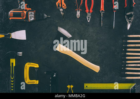 flat lay with various carpentry equipment on blue wooden surface Stock ...