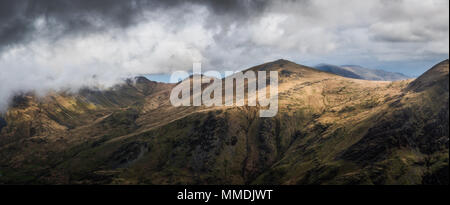 Panoramic view of Glyder Fawr from Mount Snowdon in black and white ...