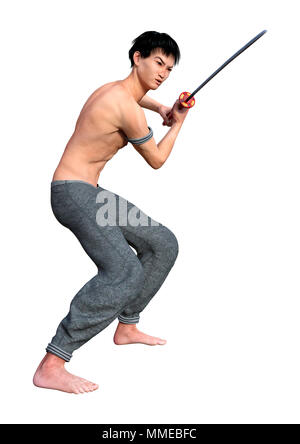 3D rendering of a fighting monk holding a sword isolated on white ...