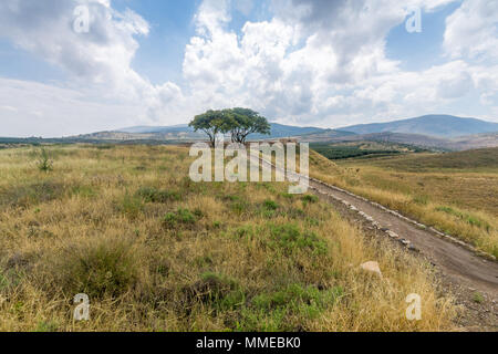 Landscape of countryside and the Galilee mountains in the Hula Valley ...