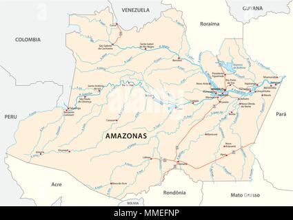 Brazil state Amazonas administrative map showing municipalities colored ...