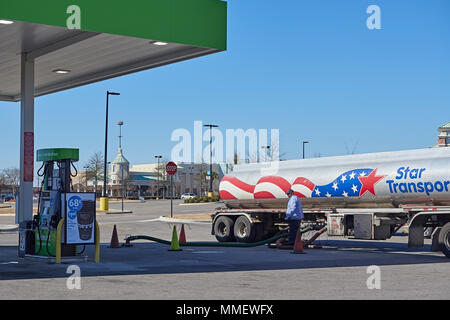 Gasoline or petrol tank truck supplying or off loading fuel at a retail ...