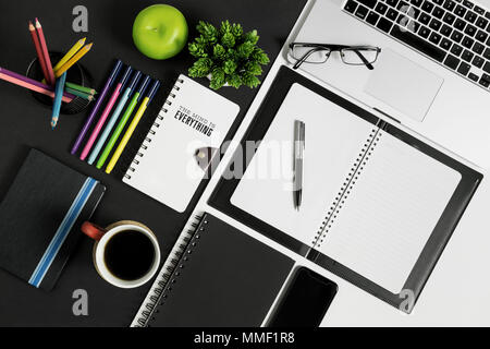 Multiple stationery items and devices for office and school. Top view ...