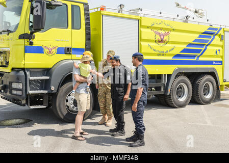 A firefighter with the Qatar Emiri Air Force Fire Department, Al Udeid ...