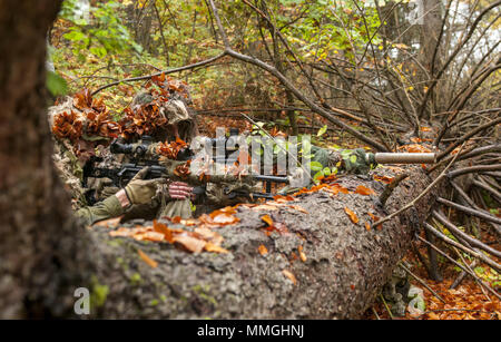 A two-man sniper team prepares to take a shot at a target during the ...