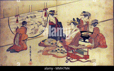 . English: Edo period print of a samurai putting on a wakibiki. 1735 ...