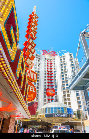 USA The Plaza Hotel & Casino Fremont Street Downtown Las Vegas Nevada twilight lights night ...
