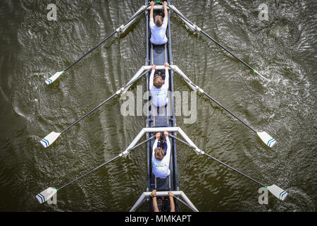 Overhead or birdseye view of rowing boat, River Severn Shrewsbury UK ...