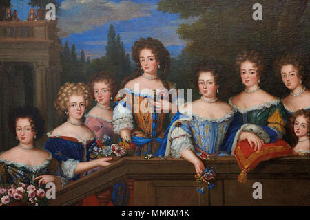 The painting 'Gascar Ladies Throwing Flowers' depicts a lively scene ...