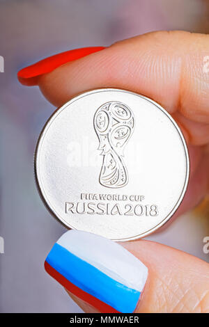 Soccer ball with flag of Russia, close up, watercolor effect on white ...