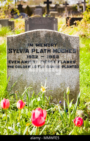 Sylvia Plath's grave in the graveyard of St Thomas The Apostle church in Heptonstall, Calderdale ...