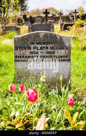 Sylvia Plath's grave in the graveyard of St Thomas The Apostle church in Heptonstall, Calderdale ...