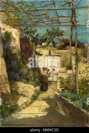 'Garten mit Pergola' by Ernst Hanfstaengl depicts a lush garden with a ...