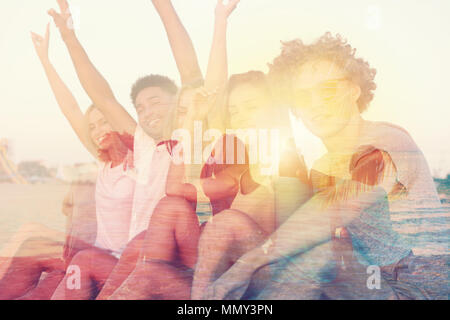 beach party double exposure, group of young people dancing, friends ...