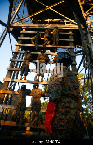 U.S. Marine recruits rappel from a 47-foot tower at Marine Corps ...