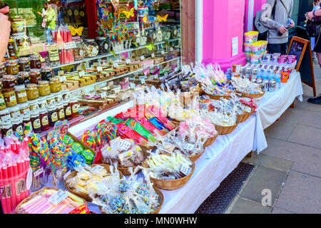 Confectionery stand stall selling sweets outside at trade fair candy ...