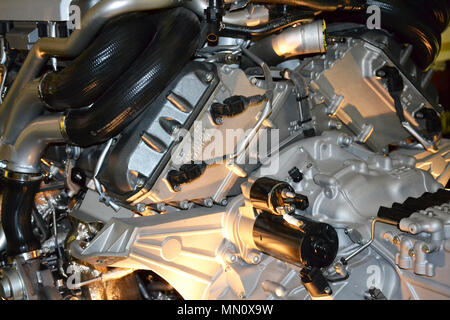 Cross section of a car motor presented at the Volkswagen Autostadt ...
