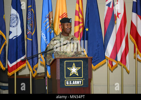 Outgoing Commandant COL Isaac Johnson addresses the crowd during the ...