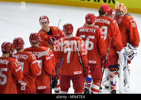Kodan, Denmark. 14th May, 2018. Russian players line up after they won ...