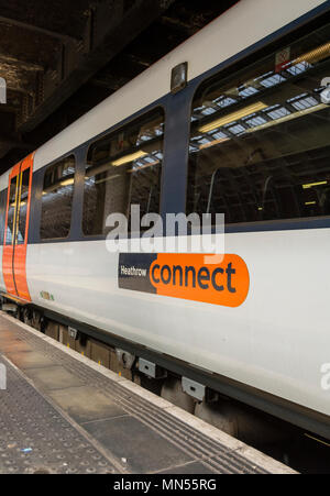 A Heathrow Connect train carriage and logo at Paddington Station ...