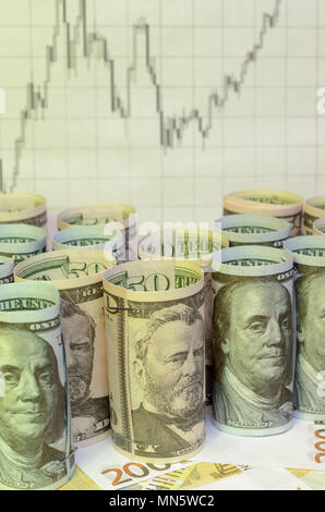 A lot of twisted dollar bills on the background of financial charts ...