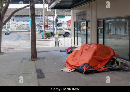 Homeless tents in the streets of Seattle Washington, under an overpass ...