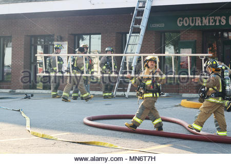 Firefighter carrying hose up ladder roof house fire Stock Photo ...