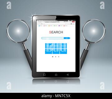 Simple browser window with magnifying glass on modern background ...
