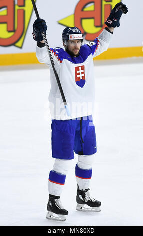Kodan, Denmark. 15th May, 2018. Players of Slovakia celebrate a goal ...