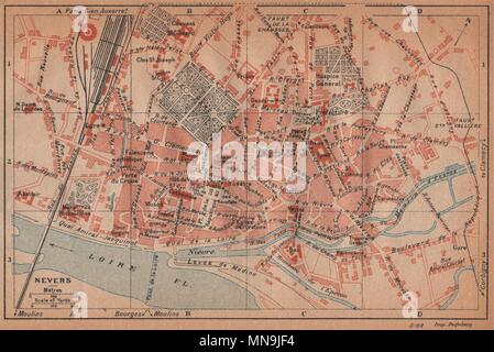 NEVERS antique town city plan de la ville. Nièvre carte. BAEDEKER, 1905 ...