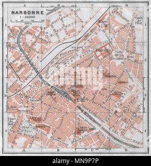 NARBONNE antique town city plan de la ville. Aude carte BAEDEKER. SMALL ...