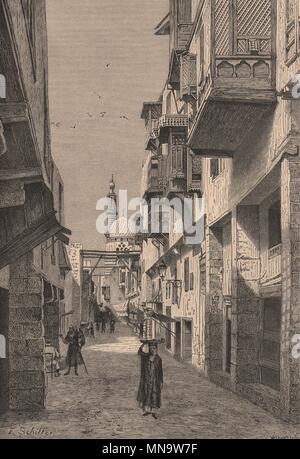 Cairo street in 19th century, Ancient Egypt. Old 19th century engraved ...