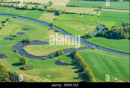 Aerial view,river Aller east of Celle, stream surrounded by meadows ...