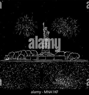 Statue of Liberty with Firework Illustration, Hand drawn Vector Outline ...