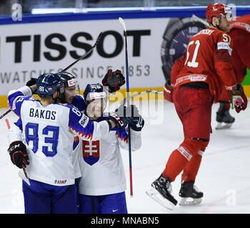 Kodan, Denmark. 15th May, 2018. Players of Slovakia celebrate a goal ...