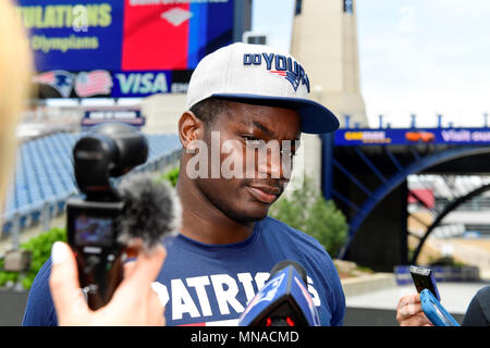 New England Patriots linebacker Christian Elliss (53) drops into ...