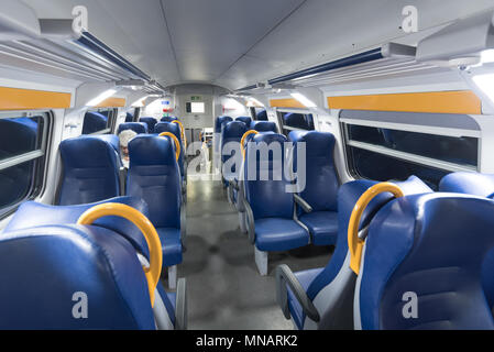 Italian railroad train interior, seats in a train in a row, train ...