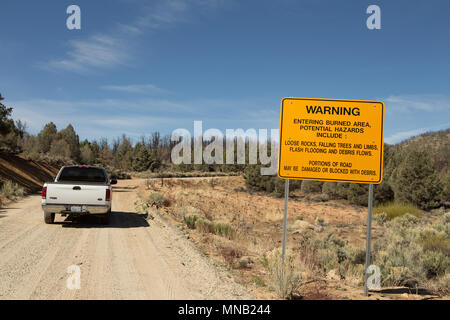 roadside warning sign entering burned area on the Chimney Peak Back ...