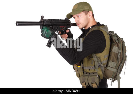 mercenary with mp5 submachine gun isolated on white Stock Photo - Alamy