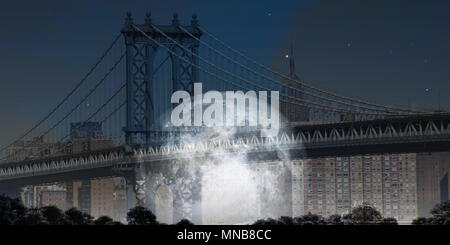 Modern art. Manhattan bridge. Giant moon at the horizon Stock Photo - Alamy