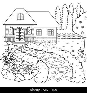Coloring book landscape with house. Hand draw vector illustration Stock ...