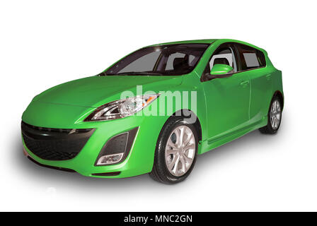 Bright green four door compact hybrid car isolated on a white ...