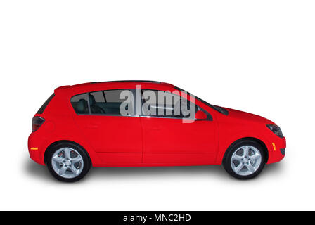 Bright red four door compact hybrid car isolated on a white background ...