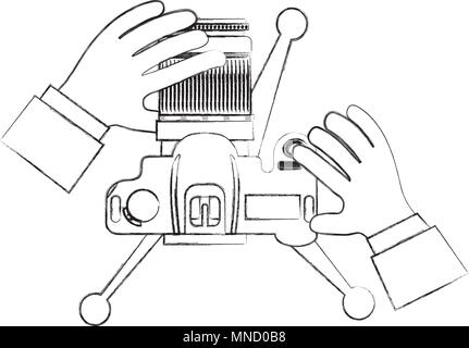 hands holding camera in tripod top view vector illustration Stock ...