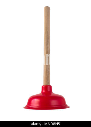 Bright red rubber plunger with wooden handle isolated on white Stock ...