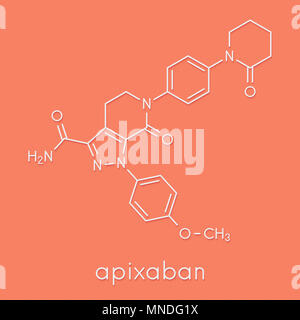 Apixaban anticoagulant drug molecule (direct FXa inhibitor). Atoms are ...