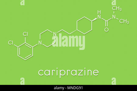 Cariprazine antipsychotic drug molecule. Atoms are represented as ...