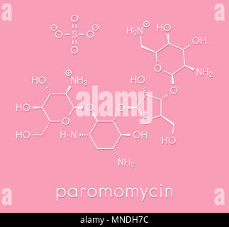 Paromomycin aminoglycoside antibiotic drug molecule. Atoms are ...